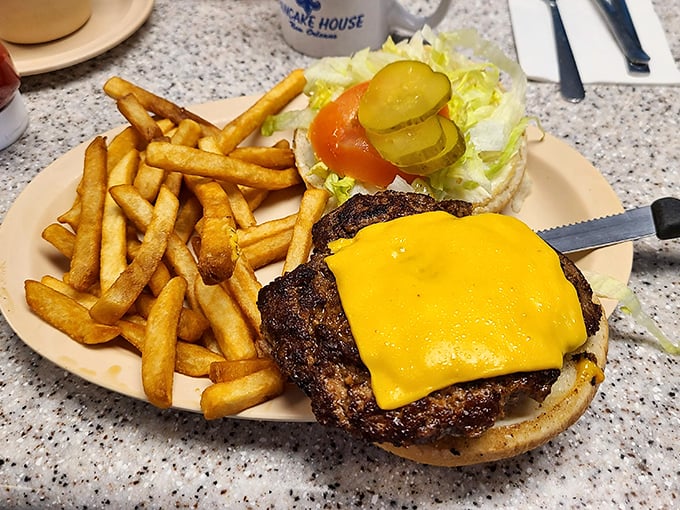 That burger knows exactly what it's doing with that blanket of melted cheese.