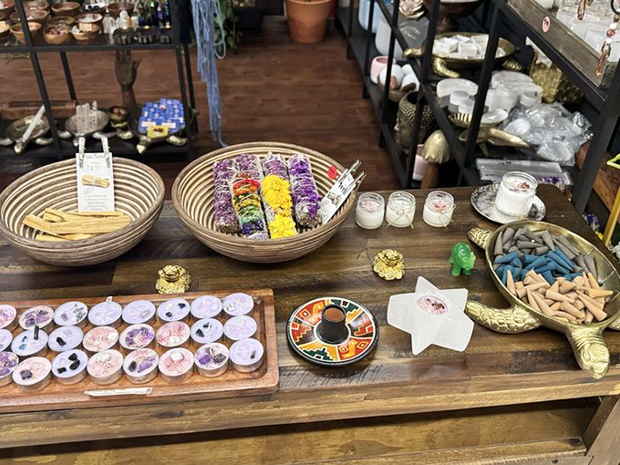 Aromatic oasis of candles, incense, and spiritual supplies. One deep breath here transports you from swap meet to zen retreat.