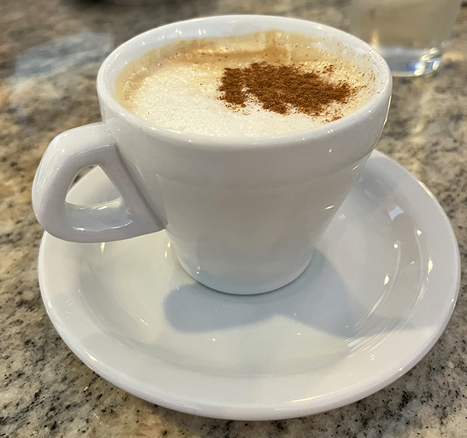 A proper cappuccino with a dusting of cinnamon—because sometimes your morning needs more than just a caffeine delivery system.