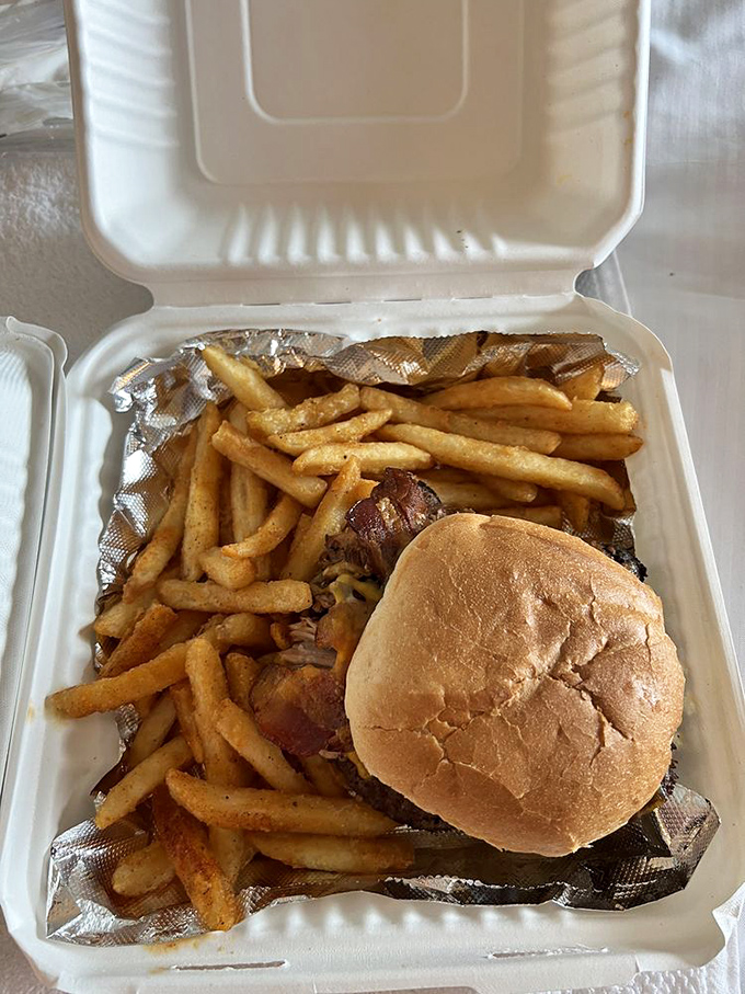 Takeout that travels well &ndash; a burger and fries that somehow maintain their dignity even when confined to a styrofoam container.