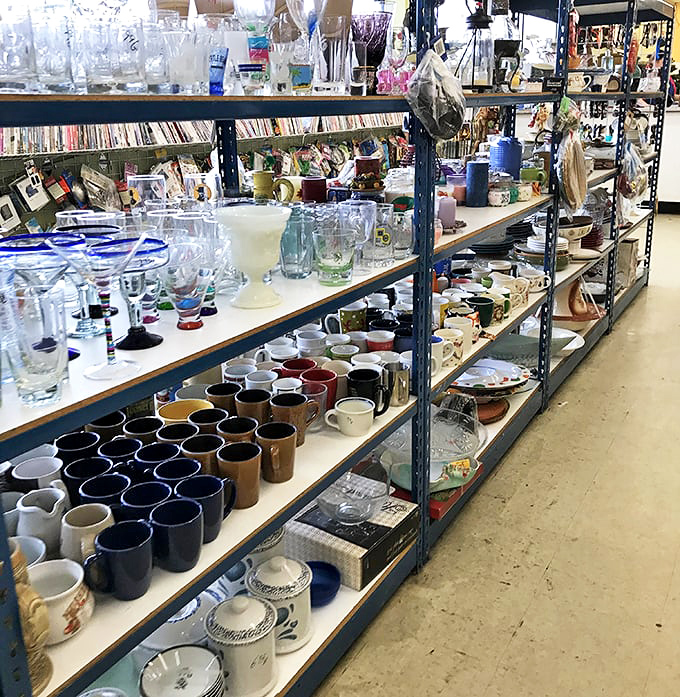 Glassware galore! From everyday mugs to special occasion stemware, each piece waiting to contain your morning coffee or evening celebration.