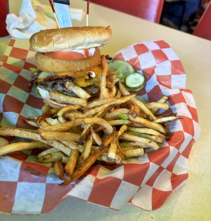 This burger isn't just a meal, it's an engineering feat. Those hand-cut fries are playing the long game&mdash;thin enough to crisp, substantial enough to satisfy.