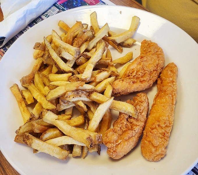 Crispy golden chicken tenders and hand-cut fries&mdash;the lunch plate that makes you wonder why you'd ever need fancy culinary techniques when simplicity tastes this good.