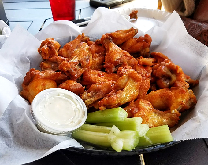 Wings that don't need a sports game excuse to be ordered. Crispy, saucy perfection with cooling celery stalks standing by for relief.