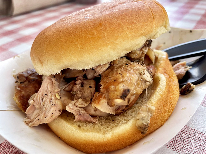 The pulled pork sandwich arrives ready for its close-up, no filter needed when it looks this good.