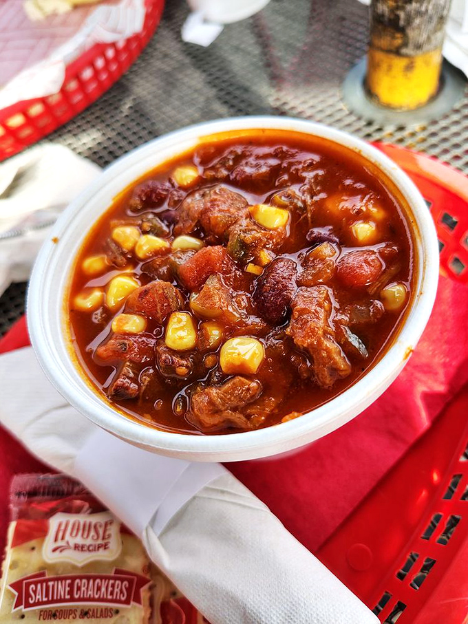 This isn't just chili &ndash; it's a hearty, meaty stew that looks like it could sustain a lumberjack through winter, served with crackers for necessary dipping.