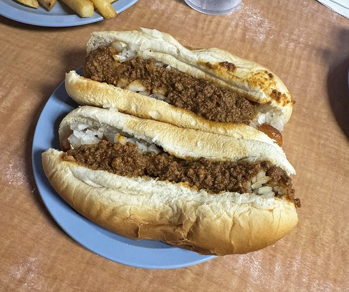 Two chili dogs that don't need fancy toppings to make their case—they're the closing argument in the case for simple food done right.