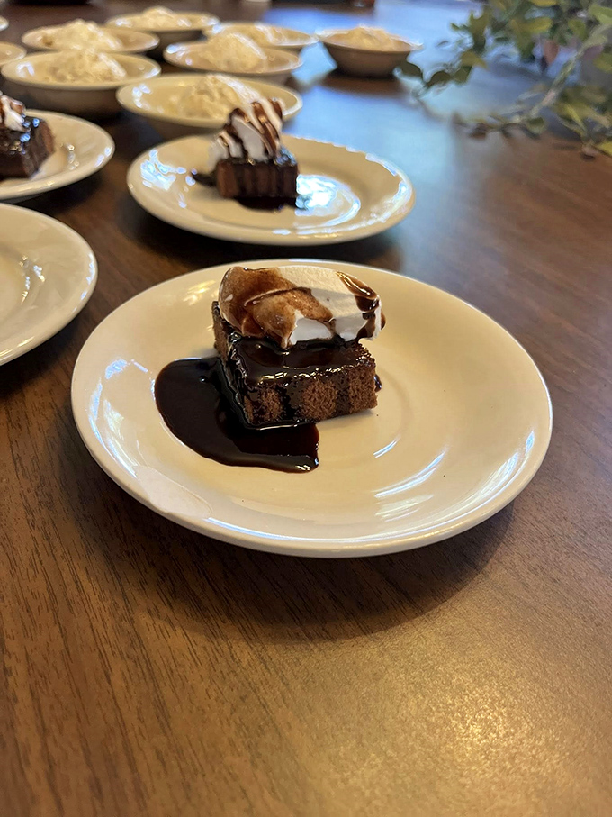 A chocolate brownie that doesn't need to show off with fancy plating&mdash;it knows exactly how good it is. That sauce is just showing off.