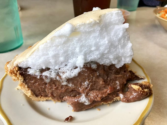 Chocolate meringue pie with a cloud of sweet fluff. The perfect finale to a meal that already feels like a celebration.