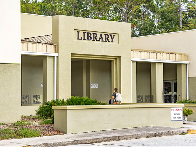 The library stands as a monument to civilization in paradise, where readers can escape into books when they need a break from escaping to paradise.