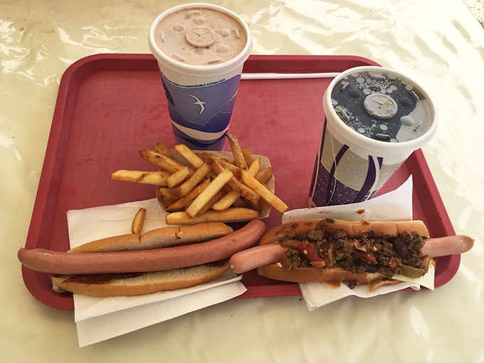 The complete package: chili dog, plain dog, fries, and drinks&mdash;lunch doesn't get more satisfyingly straightforward than this spread.