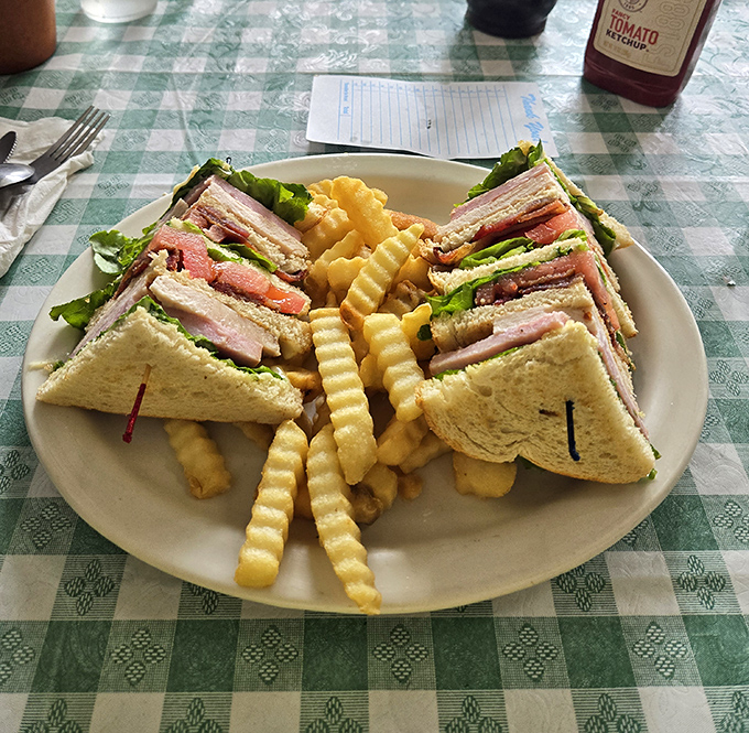 The club sandwich—architecture you can eat, with layers of deliciousness flanked by crispy crinkle-cut fries.