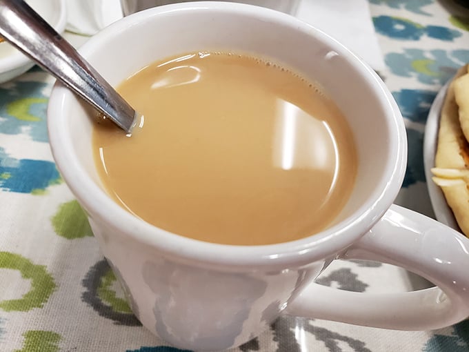 The coffee comes in simple white mugs – no pretentious vessels needed when the brew inside is this good and plentiful.