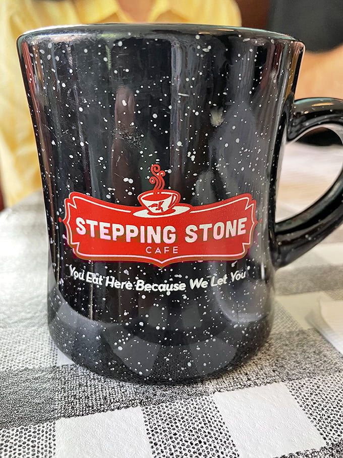 Coffee served in mugs that tell you this place takes the simple things seriously and does them right.