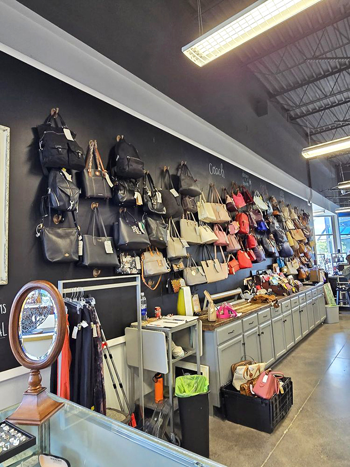 An entire wall of handbags waiting to become someone's new favorite "I can't believe I found this" story.