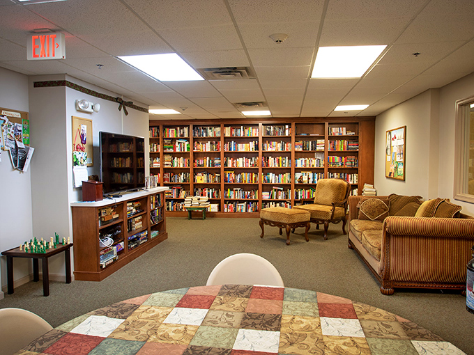 A library that invites you to linger longer than you planned. Books, comfortable seating, and fellow readers who won't shush your occasional chuckle.