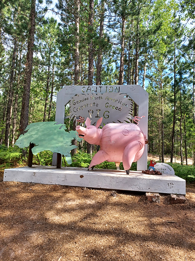 The infamous "Corporate Greed Pig" oinks a social commentary that's both playful and pointed. Even political statements wear a smile at this unique sculpture park.