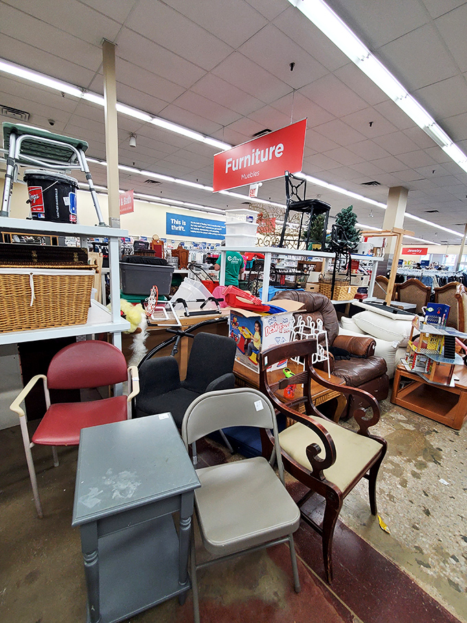 The furniture section resembles a living room family reunion where no two relatives look alike. Mid-century meets millennium in this eclectic gathering.