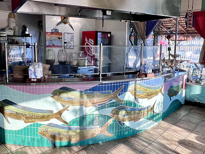 The counter's fish mosaic tiles remind you that yes, you're about to eat something that once swam, and it will be glorious.