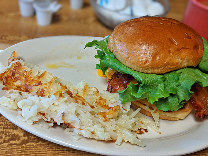 A crab cake sandwich that wandered onto the breakfast menu and decided to stay forever.