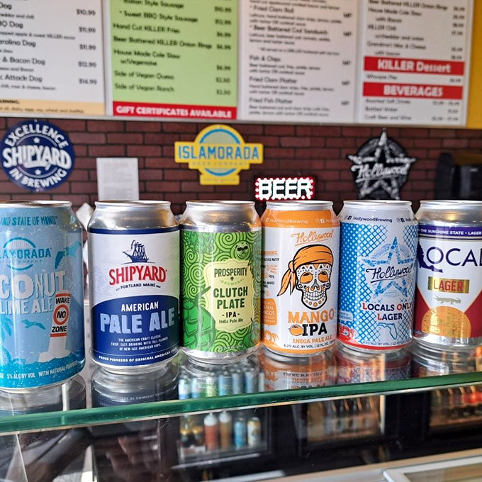 Craft beer heaven awaits with local Florida brews alongside respected craft labels. These aluminum ambassadors of flavor complement everything from dogs to lobster rolls.