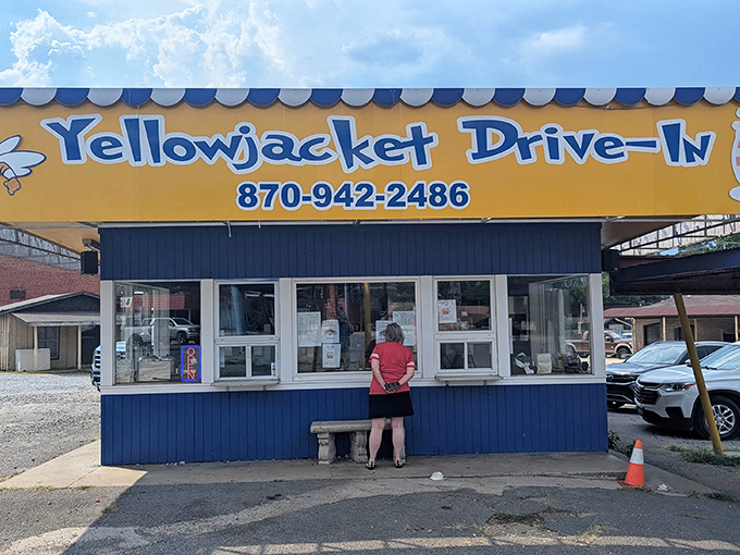 The Yellow Jacket's walk-up window keeps the classic drive-in tradition alive—just place your order and prepare for deliciousness.