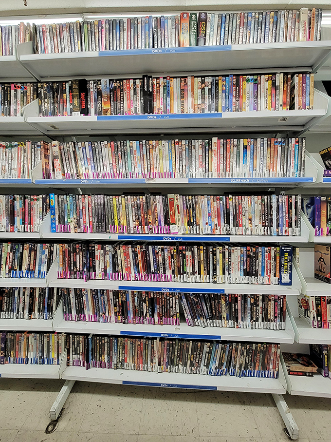 DVD shelves that read like a timeline of Hollywood history, from blockbusters to those films everyone pretended to watch.