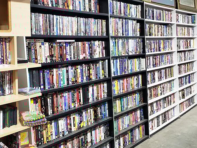 The DVD wall: physical media's last stand and proof that sometimes scrolling through actual shelves beats scrolling through streaming menus.