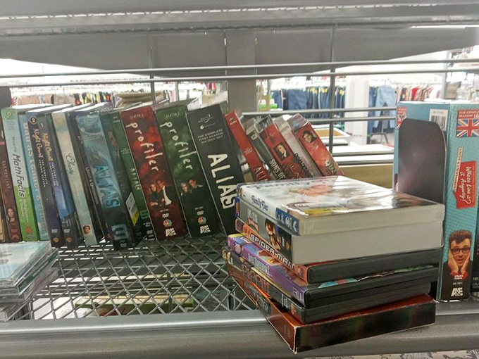 DVDs and games stacked like entertainment gold mines, perfect for folks who still appreciate physical media collections with character.