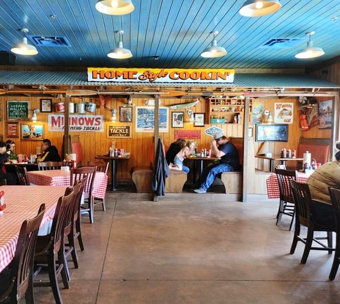 "Home Style Cookin'" isn't just a sign &ndash; it's a promise delivered in a room where calories don't count.