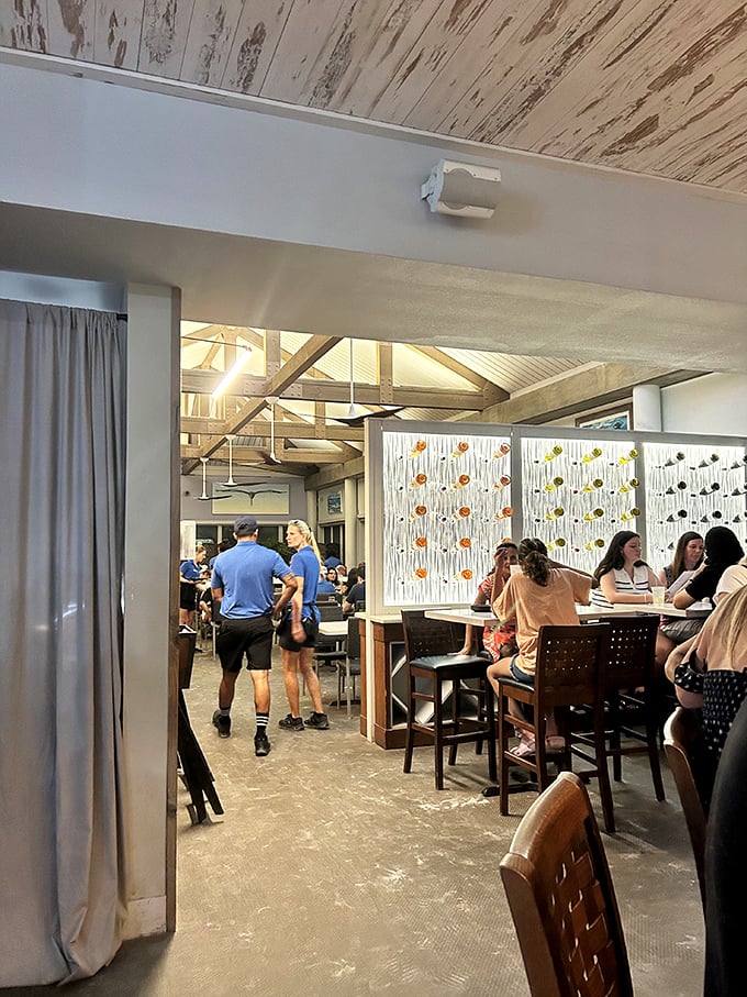 The distressed wood ceiling tells stories of countless celebrations while diners below create new ones.