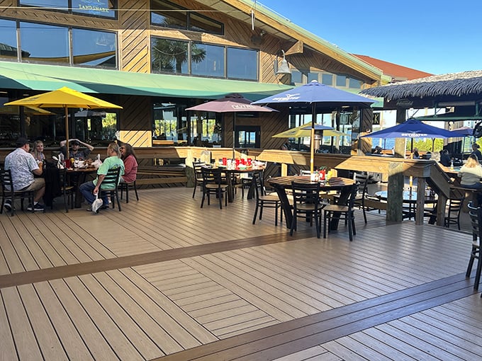 Colorful umbrellas provide shade while you debate whether to order seconds or save room for that key lime pie.