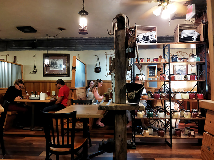 The dining area's rustic charm comes complete with vintage shelving displaying local treasures&mdash;proof that atmosphere is as important as appetite in Julian.