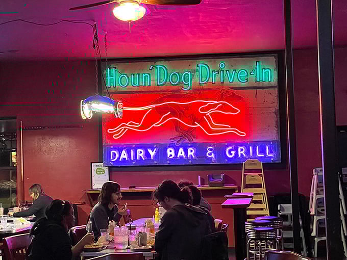 Even the neon signs tell stories at Fitz's, where vintage advertisements illuminate conversations and inspire soda-fueled nostalgia.