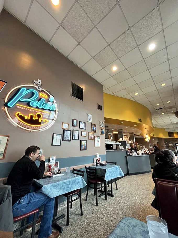 The neon Pete's sign watches over diners like a beacon of breakfast hope. Some people pray at church; others worship at the altar of perfect pancakes.