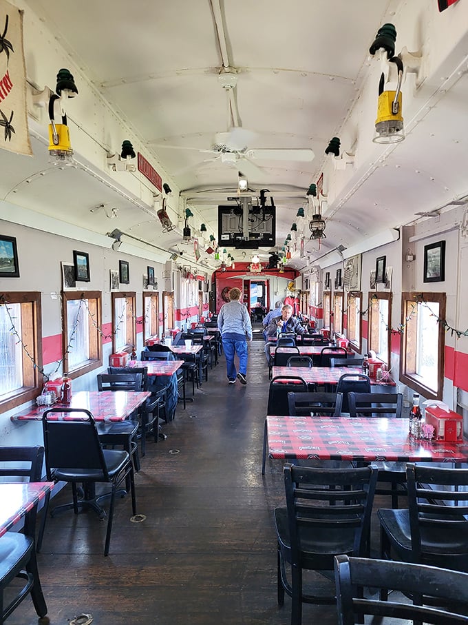 Vintage charm meets modern comfort in this beautifully preserved dining car, where every detail celebrates railroad heritage and Buckeye spirit.
