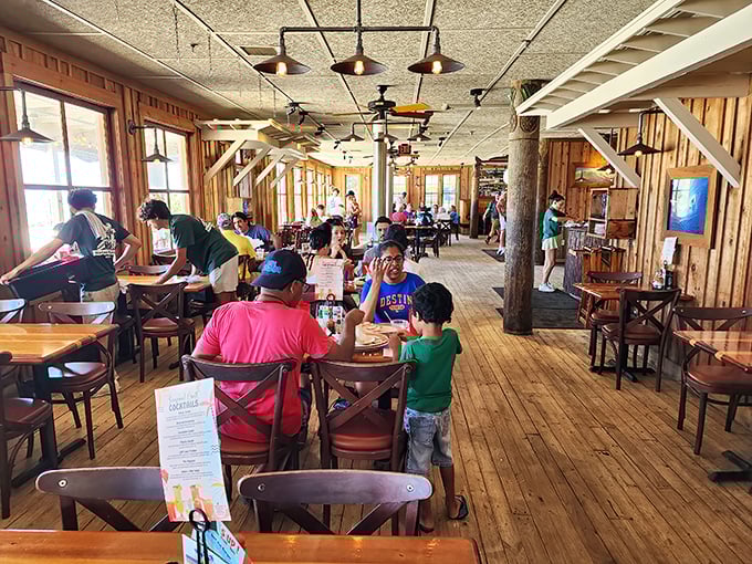 A full house of happy diners proves the universal truth: good seafood creates its own atmosphere of contentment.