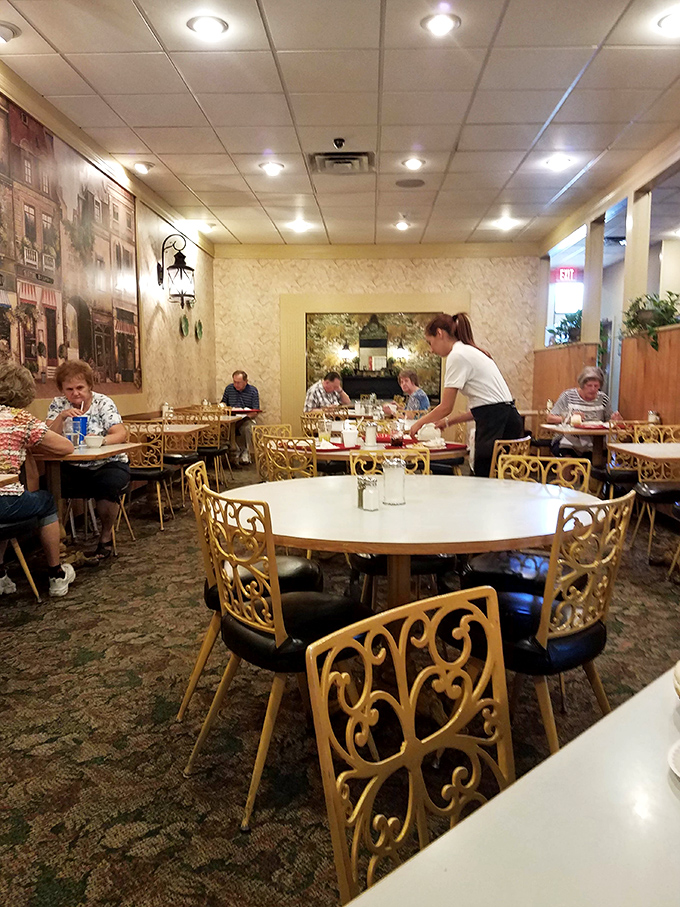 The dining room hums with the comfortable energy of neighbors catching up over coffee and pie.