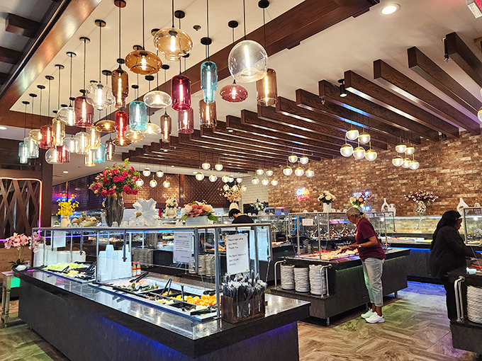 The buffet's colorful pendant lights aren't just illumination&mdash;they're conversation pieces hanging above conversations about which dish deserves an encore.