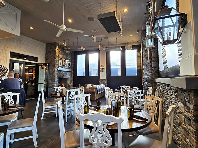 Stone walls and cozy seating create the perfect backdrop for that "we need to come here again" conversation that happens halfway through your meal. 