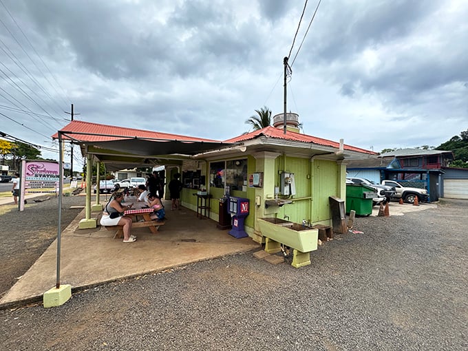 Rain or shine, the covered patio welcomes shrimp pilgrims seeking salvation from ordinary meals.