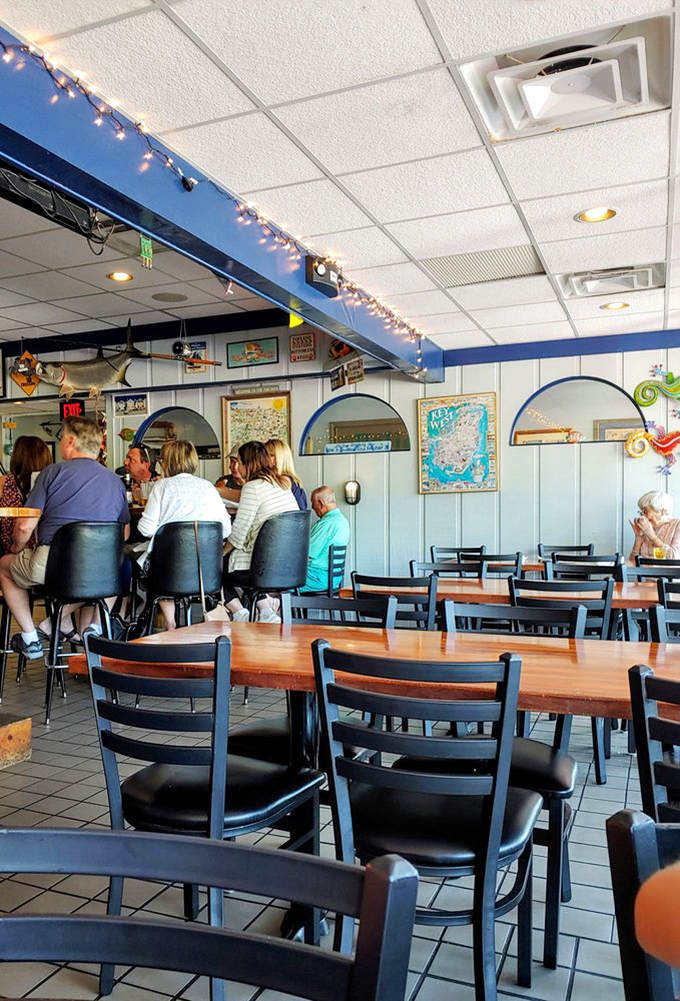 Where seafood stories are shared and new traditions begin. The string lights add that touch of "we're on vacation" even on a Wednesday.