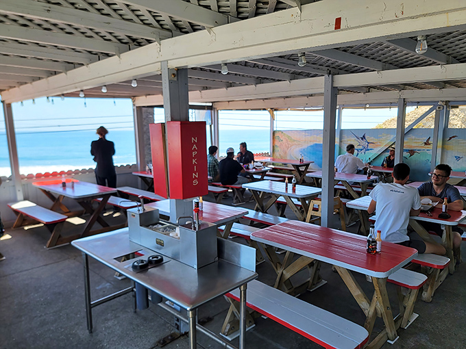 The dining area with Pacific Ocean views that make you forget you're eating at a roadside stand. Million-dollar scenery with lunch-counter prices.