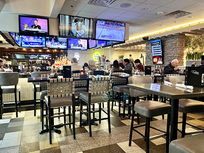 The bar area buzzes with energy as patrons enjoy the rare diner that can nail both your morning coffee and evening cocktail.