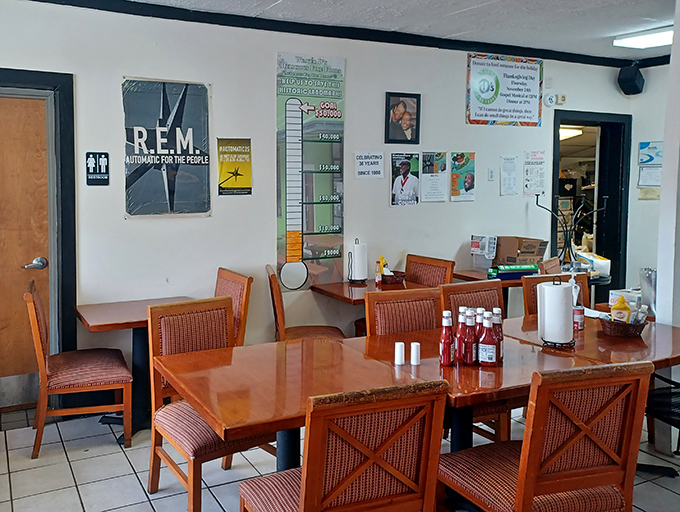 Simple wooden chairs and tables that have witnessed countless "mmm" moments – no fancy decor needed when the food is the real star.