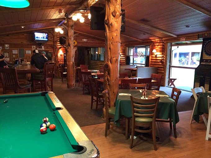 Pool sharks and food lovers find common ground here. The green felt matches the tablecloths&mdash;coincidence or brilliant design strategy?
