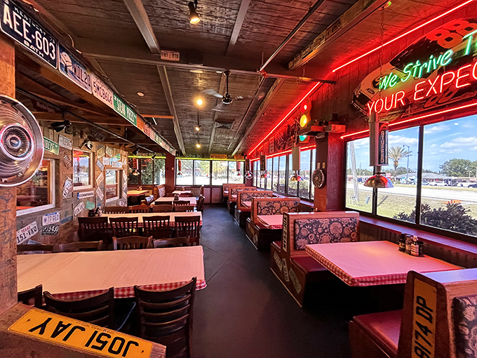 The dining area feels like a comfortable roadside diner that somehow time-traveled from the 1950s, bringing all its charm and none of its restraint.