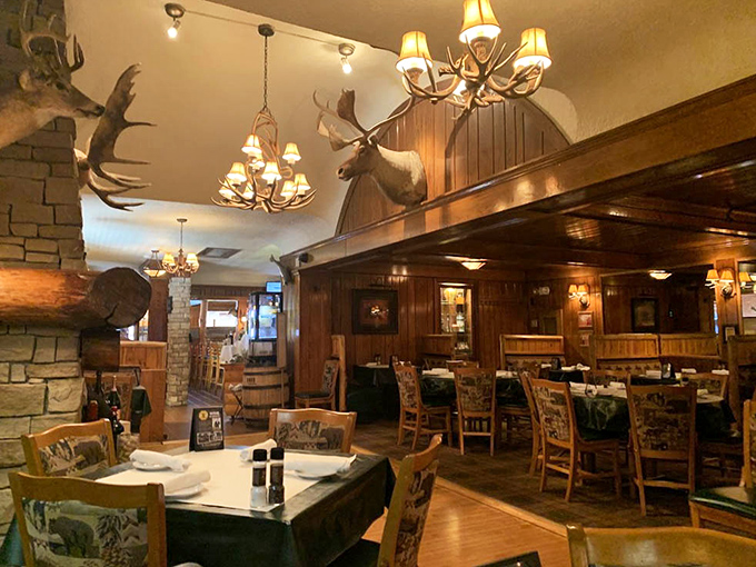 Antler chandeliers and mounted trophies create an atmosphere that says "welcome to the woods" &ndash; sophisticated woods with excellent table service.