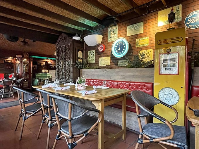 The exposed wooden beams and brick walls create that perfect "I've discovered something authentic" atmosphere that Instagram filters desperately try to replicate.