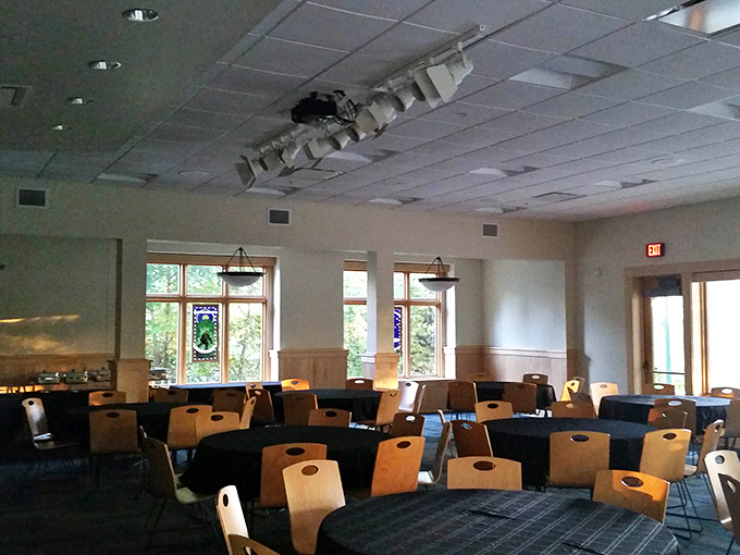 Another dining space offers a different vibe&mdash;more conference than cabin&mdash;but those windows frame forest views better than any painting could.
